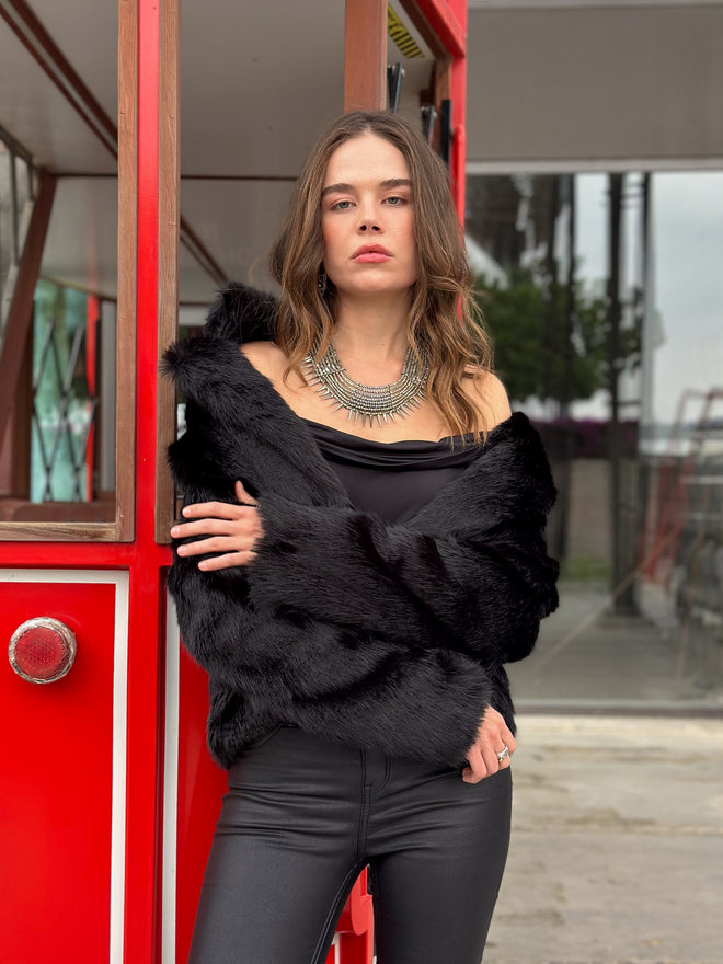 Lorena Fur Jacket – Off-Shoulder Black Faux Fur Jacket – DND Designs